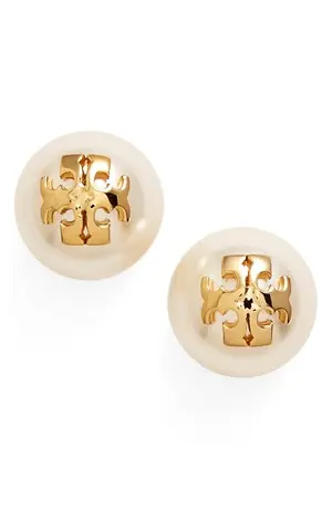 Tory Burch Moondance Pearl Stud Earrings Ivory/ Shiny Gold