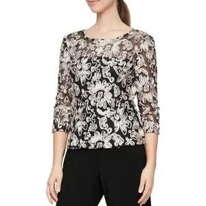 Alex Evenings Soutache Tulle Blouse - Black Taupe