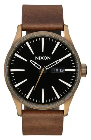 Nixon Nixon Sentry Leather Strap Watch Brown/ Black/ Brass