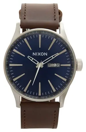 Nixon Nixon Sentry Leather Strap Watch Brown/ Blue