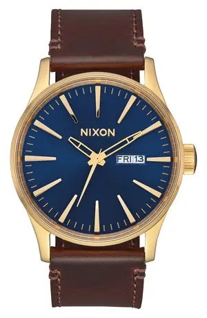Nixon Nixon Sentry Leather Strap Watch Brown/ Navy/ Gold