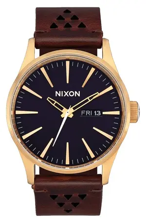 Nixon Nixon Sentry Leather Strap Watch Gold / Indigo / Brown