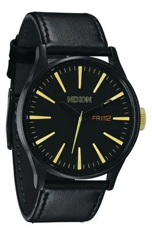 Nixon Nixon Sentry Leather Strap Watch Gold/ Black
