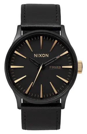 Nixon Nixon Sentry Leather Strap Watch Matte Black/gold
