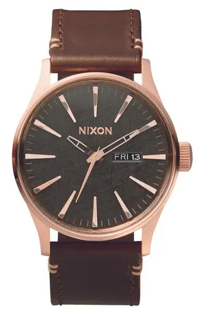 Nixon Nixon Sentry Leather Strap Watch Rose Gold/gunmetal/brown