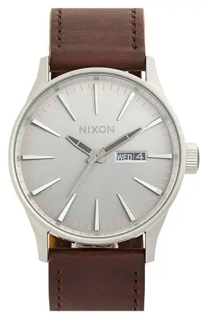 Nixon Nixon Sentry Leather Strap Watch Silver/ Brown