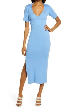 knee length dresses for ladies Beige/White Short Sleeve Sweater Knit Rib Midi Dress main image 1