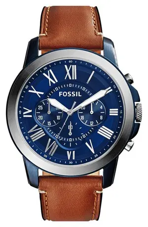 Fossil Grant Round Chronograph Leather Strap Watch - Light Brown/blue
