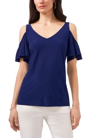 Chaus Ruffle Cold Shoulder Top - Navy Blue