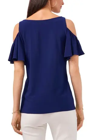 Chaus Ruffle Cold Shoulder Top - Navy Blue