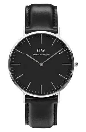DANIEL WELLINGTON Daniel Wellington Classic Sheffield Leather Strap Watch Silver/ Black