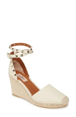 Valentino Garavani Rockstud Espadrille Wedge Light Ivory Leather