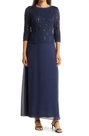 Alex Evenings Sequin Lace & Chiffon Gown - Navy