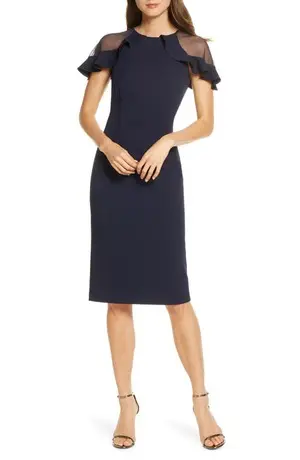 Eliza J Sheer Ruffle Shoulder Cocktail Dress - Navy