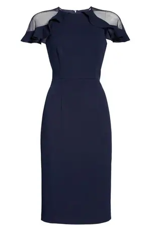 Eliza J Sheer Ruffle Shoulder Cocktail Dress