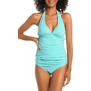 La Blanca Island Goddess Halter Tankini Top - Ice Blue