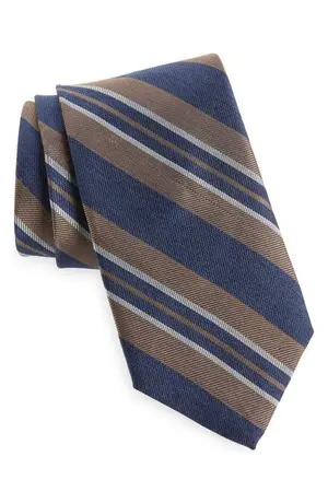 David Donahue David Donahue Stripe Silk Tie Navy/ Chocolate