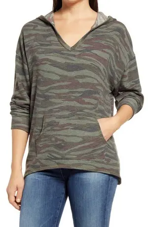 Loveappella Camouflage V-neck Hoodie - Olive