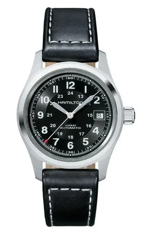 Hamilton Khaki Field Automatic Leather Strap Watch - Black/ Silver