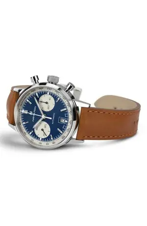 Hamilton American Classic Automatic Chronograph Leather Strap Watch - Brown/ Blue/ Silver