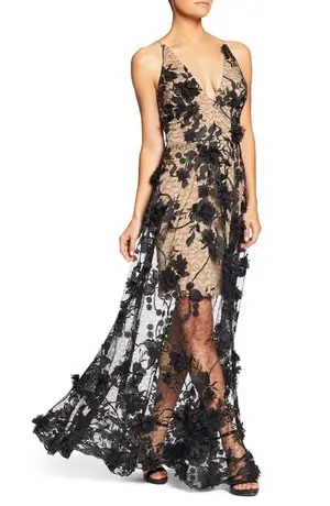 Dress The Population Sidney 3d Lace Gown - Black/nude