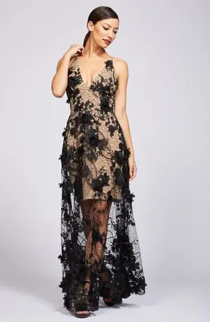 Dress The Population Sidney 3d Lace Gown - Black/nude