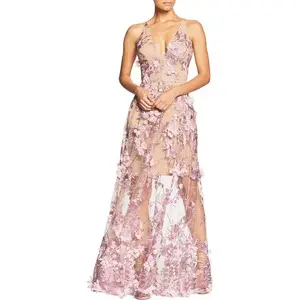 Dress The Population Sidney 3d Lace Gown - Lilac/ Nude