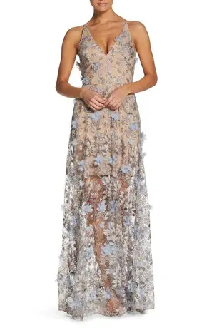 Dress The Population Sidney 3d Lace Gown - Minrl Blue Flrl