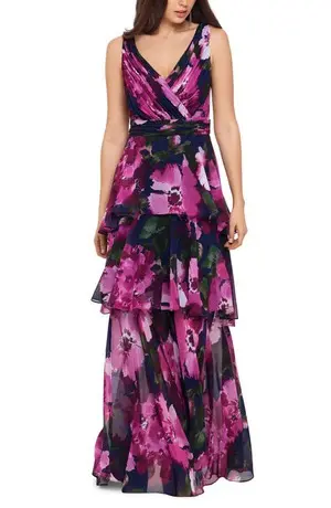 Xscape Floral Tiered Chiffon Gown