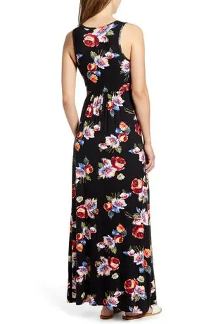 Loveappella Floral Print Maxi Dress - Black/coral