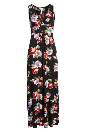 Loveappella Floral Print Maxi Dress - Black/coral