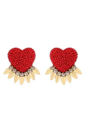 Deepa Gurnani Deepa Gurnani Danika Beaded Fringe Heart Stud Earrings Red