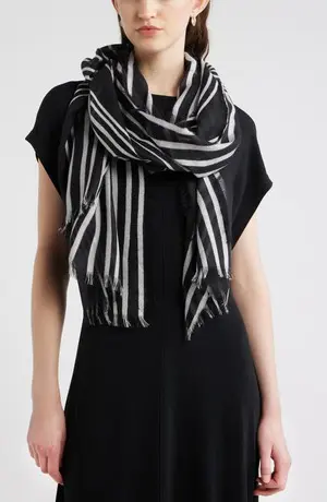 Nordstrom Eyelash Trim Print Cashmere & Silk Wrap - Black Painted Lines