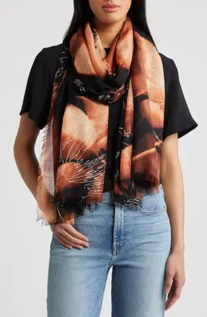 Nordstrom Eyelash Trim Print Cashmere & Silk Wrap Black Sunbaked Leaves