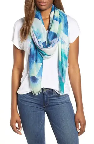 Nordstrom Eyelash Trim Print Cashmere & Silk Wrap Blue Fanning Dots