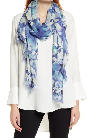 Nordstrom Eyelash Trim Print Cashmere & Silk Wrap Blue Feather Painted Petals