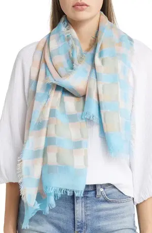 Nordstrom Eyelash Trim Print Cashmere & Silk Wrap Blue Painterly Plaid