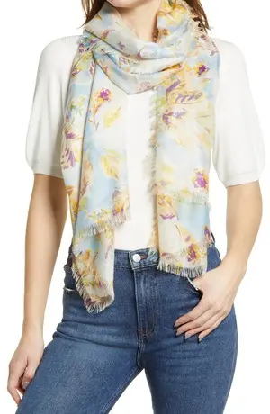 Nordstrom Eyelash Trim Print Cashmere & Silk Wrap Blue Queen Anne