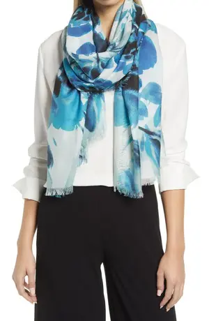 Nordstrom Eyelash Trim Print Cashmere & Silk Wrap Blue Surf Mirrored Floral