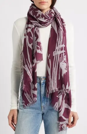 Nordstrom Eyelash Trim Print Cashmere & Silk Wrap - Burgundy Traced Petals