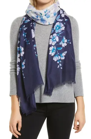 Nordstrom Eyelash Trim Print Cashmere & Silk Wrap Navy Golden Hour