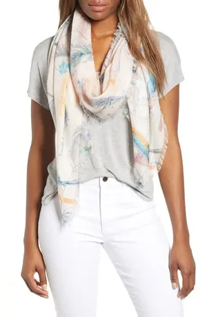 Nordstrom Eyelash Trim Print Cashmere & Silk Wrap Pink Fanciful Feathers