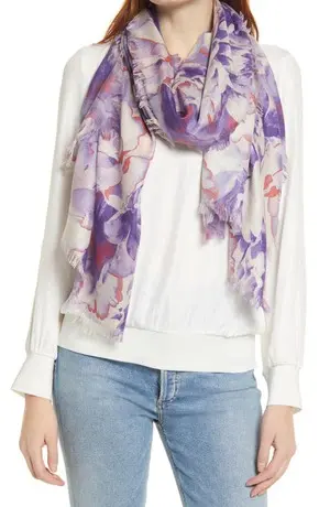 Nordstrom Eyelash Trim Print Cashmere & Silk Wrap Purple Bloom Painted Petals