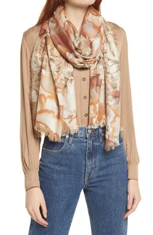 Nordstrom Eyelash Trim Print Cashmere & Silk Wrap Tan Biscuit Painted Petals