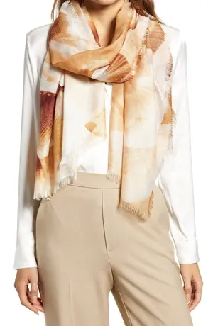 Nordstrom Eyelash Trim Print Cashmere & Silk Wrap Tan Fanning Dots