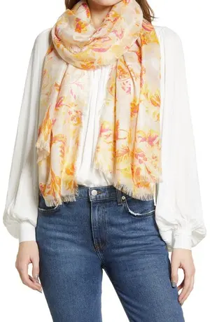 Nordstrom Eyelash Trim Print Cashmere & Silk Wrap Tan Queen Anne