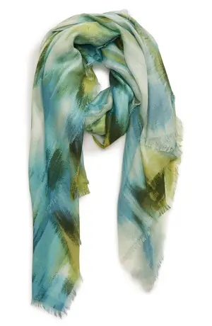 Nordstrom Eyelash Trim Print Cashmere & Silk Wrap Teal Haze Print