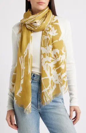 Nordstrom Eyelash Trim Print Cashmere & Silk Wrap - Yellow Traced Petals