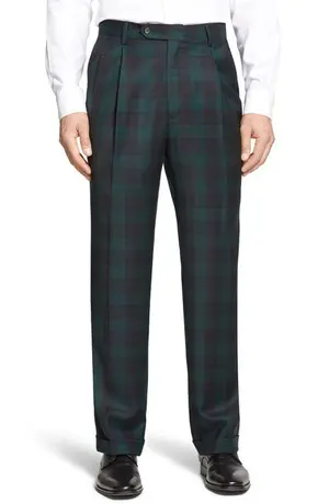 Berle Touch Finish Pleated Plaid Wool Trousers - Green