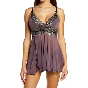 COQUETTE Metallic Lace Trim Babydoll Chemise & Thong - Purple